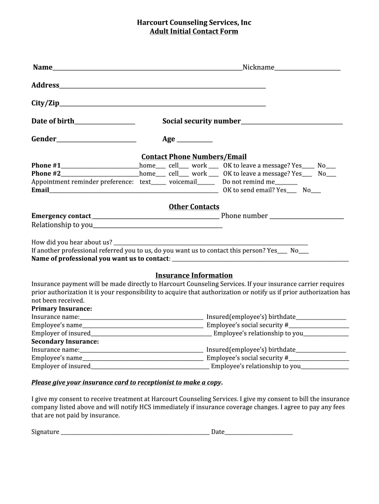 Adult Initial Contact Form - Blank Fillable Template | Fill Out, Print ...