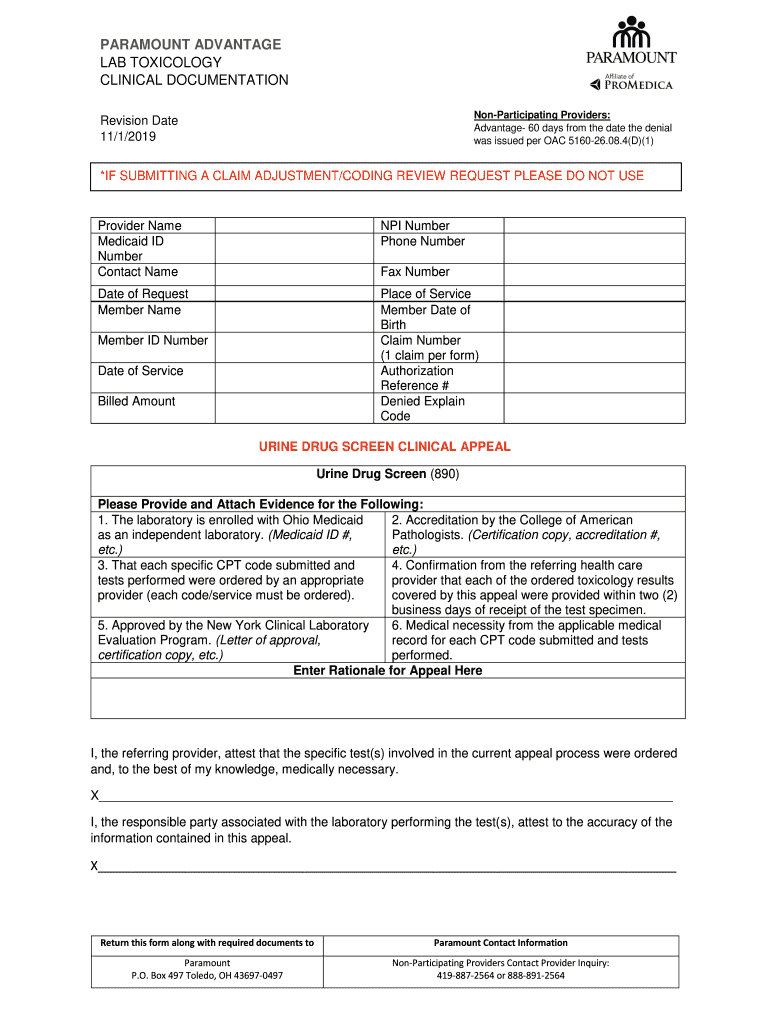 Paramount Advantage Lab Toxicology Clinical Documentation 2019 - Fill ...