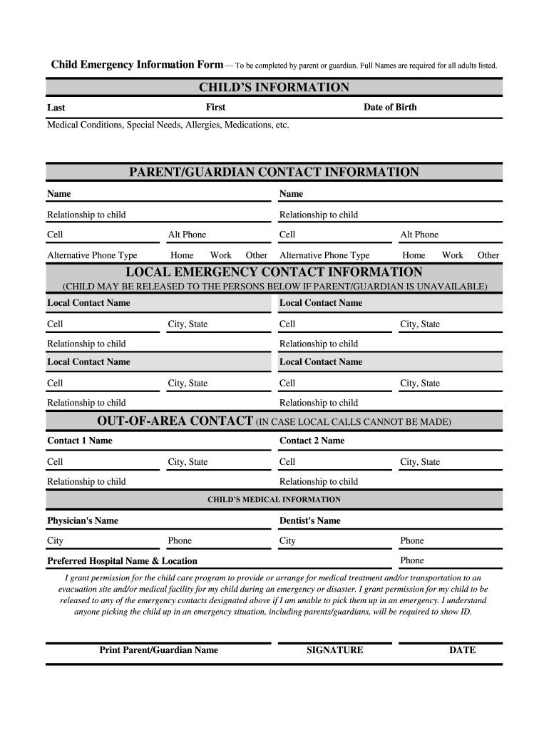 Fillable Online local emergency contact information parent/guardian ...