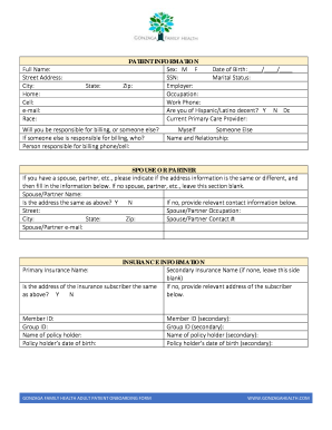 Fillable Online Gonzaga family health adult patient onboarding form Fax ...