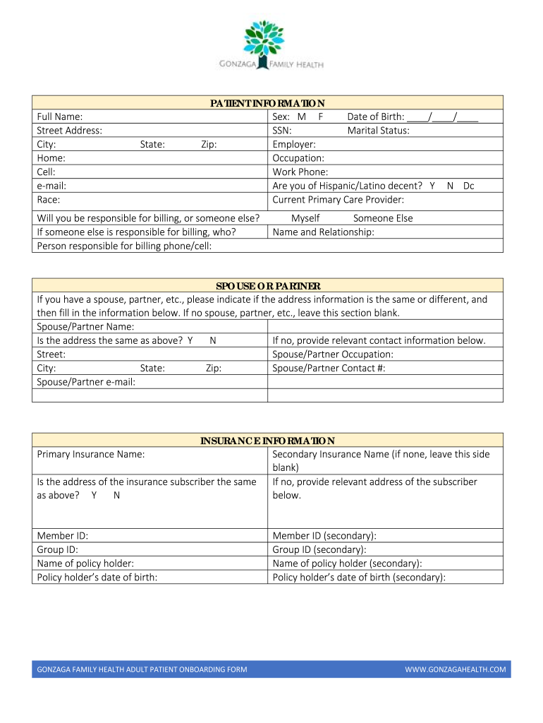 Fillable Online Gonzaga family health adult patient onboarding form Fax ...