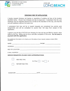 Fillable Online DRIVEWAY RED TIP APPLICATION I hereby request ... Fax ...