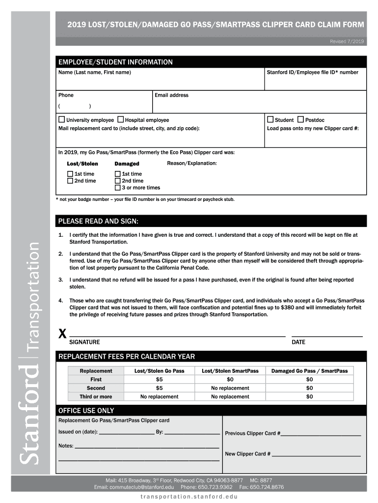 Fillable Online 2019 Lost/Stolen/Damaged Go Pass / SmartPass Clipper ...