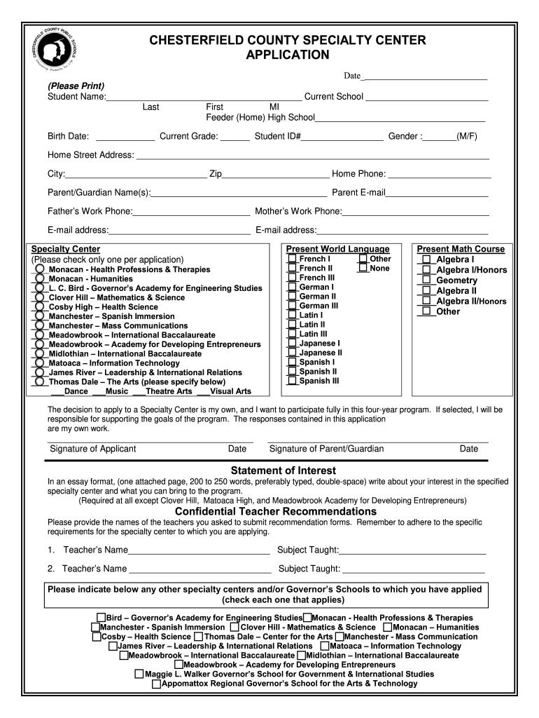 Fillable Online 2018 Form Chesterfield County Specialty Centers ...