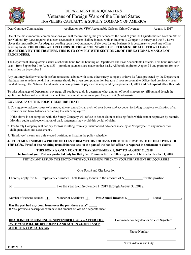 Fillable Online VFW Accountable Officers Bond Application-Form #2 ...