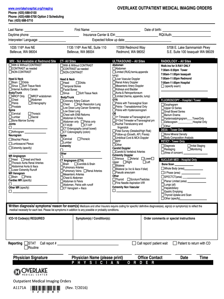 Fillable Online OVERLAKE OUTPATIENT MEDICAL IMAGING ORDERS ... Fax ...