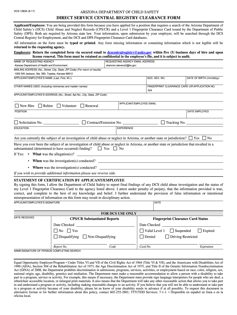 Fillable Online DIRECT SERVICE CENTRAL REGISTRY CLEARANCE Doc Template ...