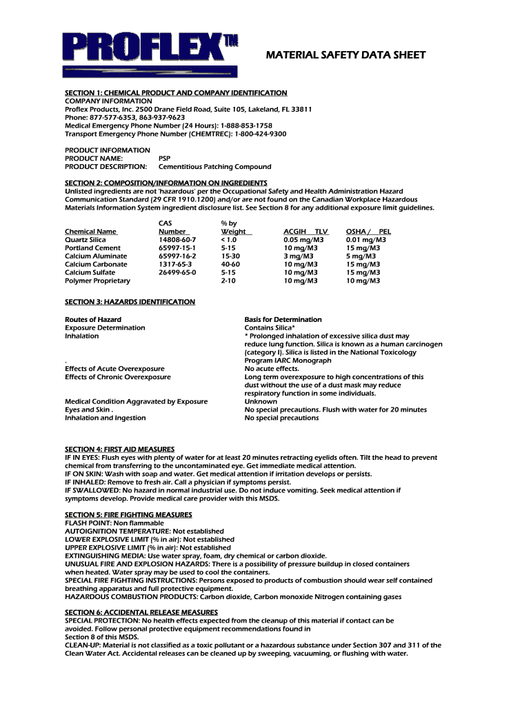 Fillable Online MATERIAL SAFETY DATA SHEET - Proflex Products Inc. Fax ...