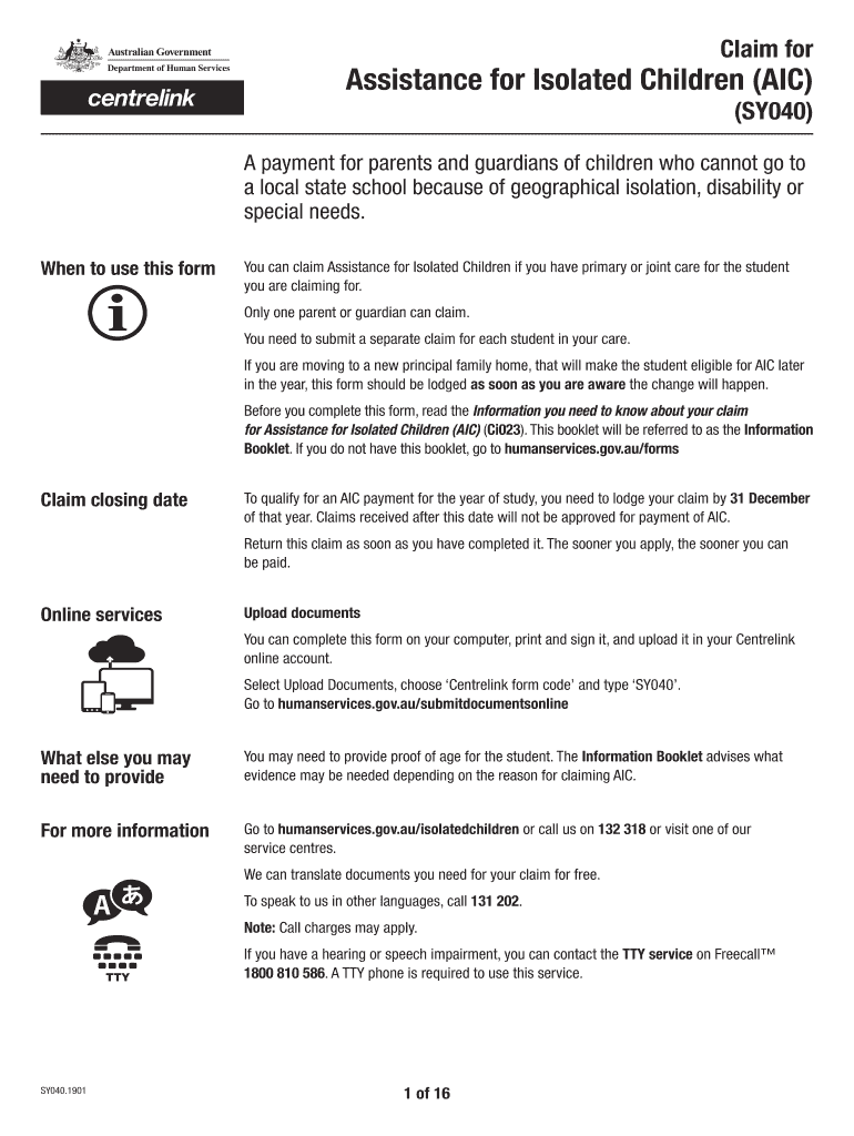 Assistance for Isolated Children (AIC) Form SY040 - Blank Fillable ...