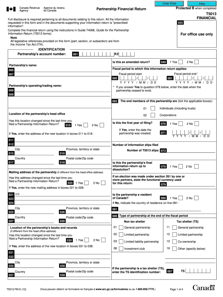 Fillable Online Partnership Financial Return. T5013 Financial. Fax ...