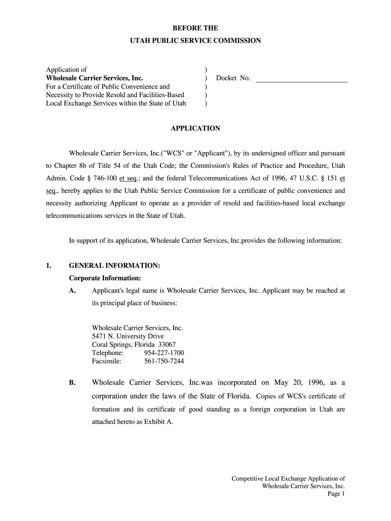 Fillable Online BEFORE THE UTAH PUBLIC SERVICE COMMISSION All American ...