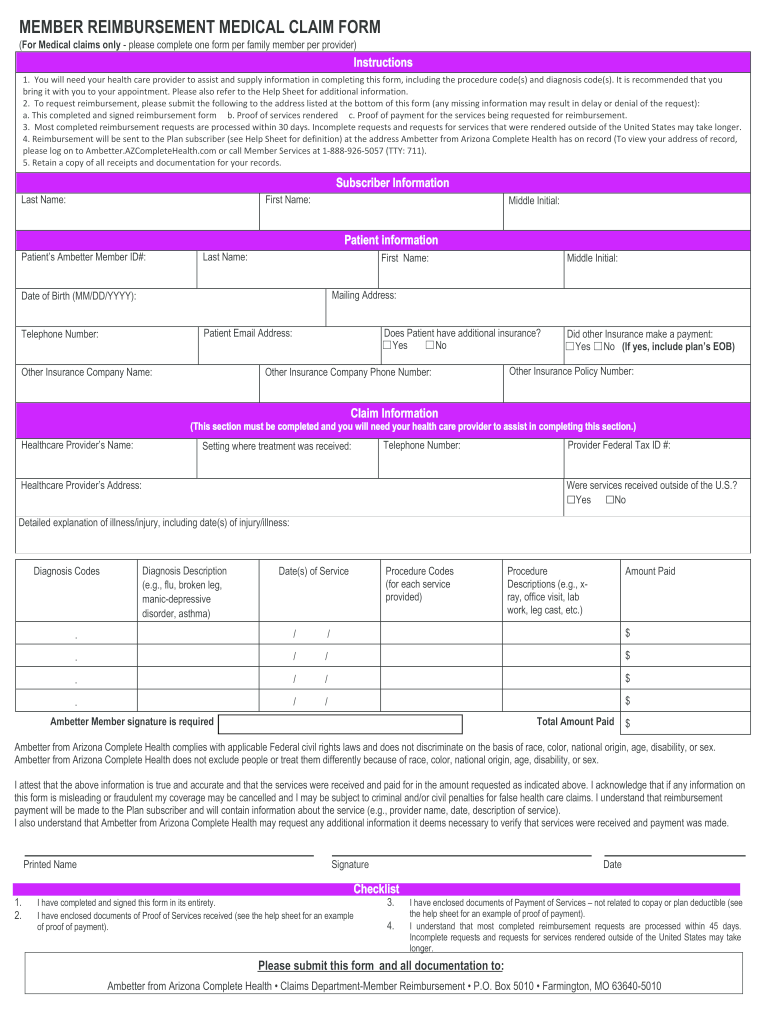 Fillable Online Arizona - Member Reimbursement Medical Claim Form ...