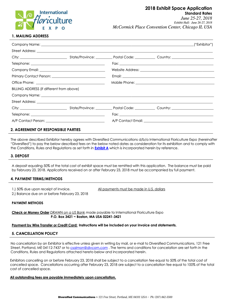 Fillable Online 2018 Exhibit Space Application June 25-27, 2018 McCormick ... Fax Email Print ...