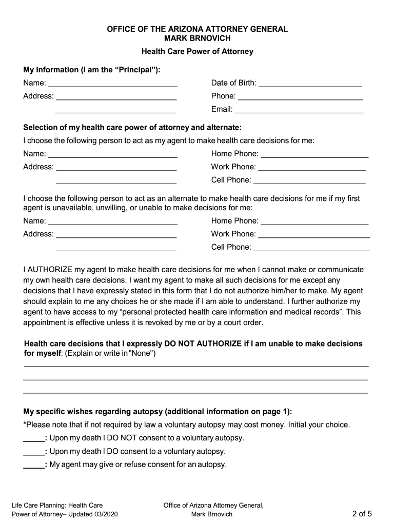 Fillable Online 1 of 5 HEALTH CARE POWER OF ATTORNEY Instructions ...