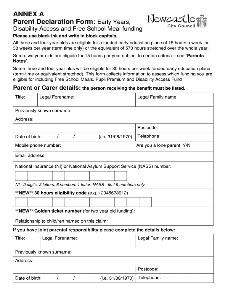 Fillable Online ANNEX A Parent Declaration Form: Early Years ...