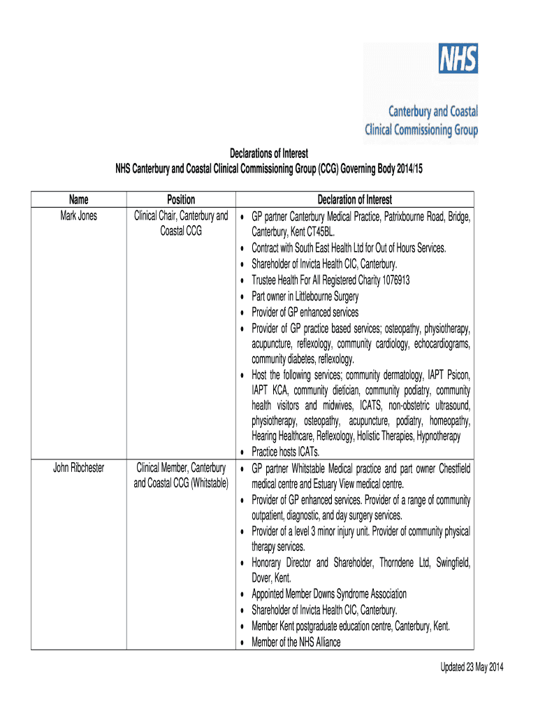 Fillable Online Declarations of Interest NHS Canterbury and Coastal ...