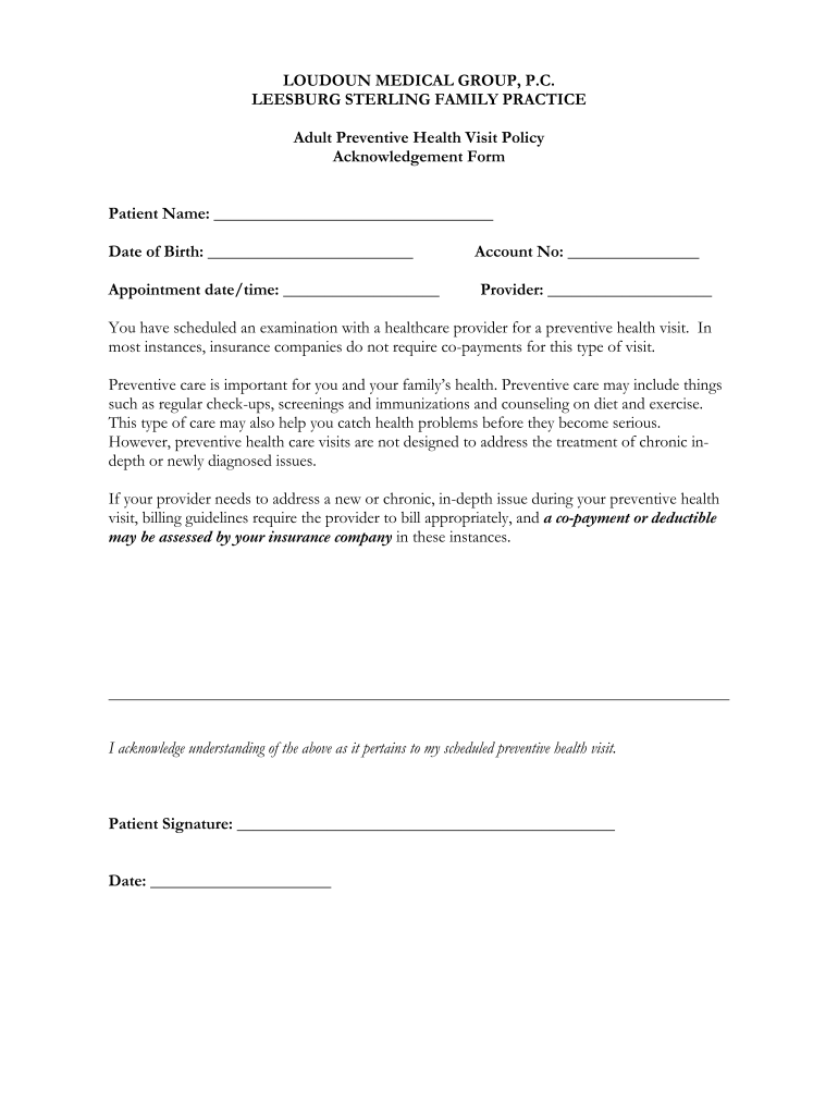Fillable Online Adult Preventive Health Visit Policy Acknowledgement ...