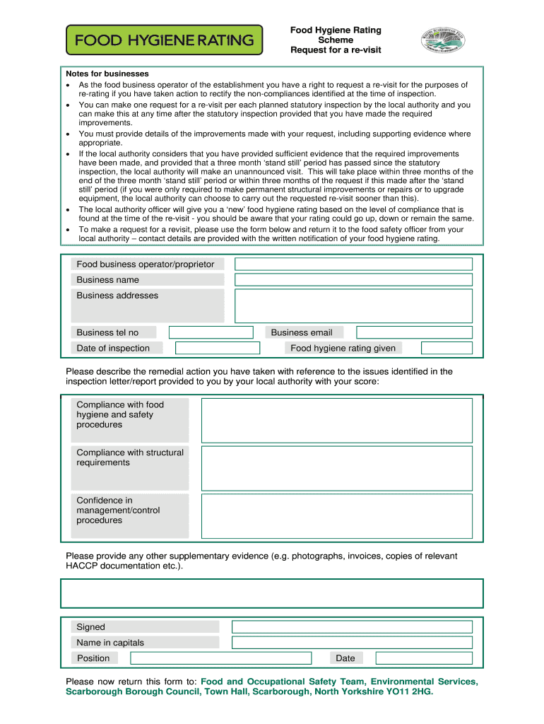 Fillable Online Food Hygiene Rating Scheme: Request a re-visit Fax ...