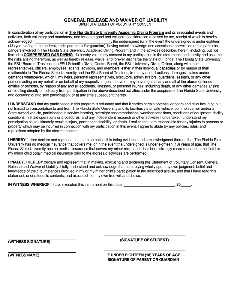 Fillable Online GENERAL RELEASE AND WAIVER OF LIABILITY DIVER STATEMENT ...