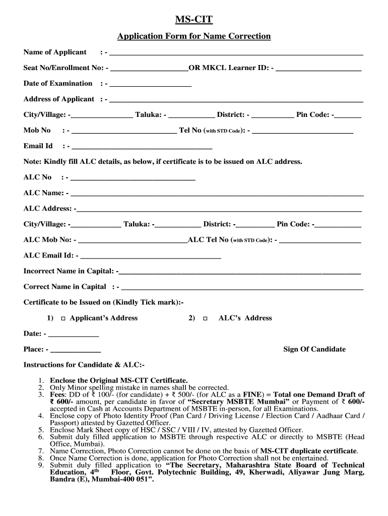 Mscit Name Correction Form - Fill Online, Printable, Fillable, Blank | pdfFiller