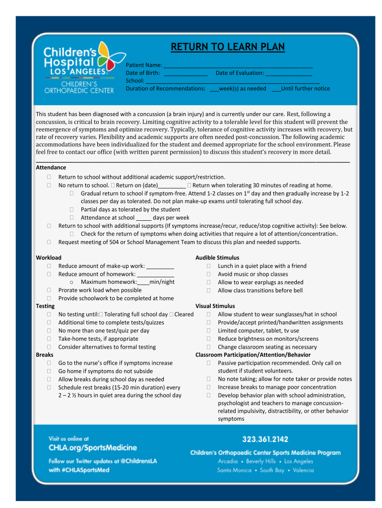 Fillable Online Individual Care Plan Following a Concussion - My Doctor ...