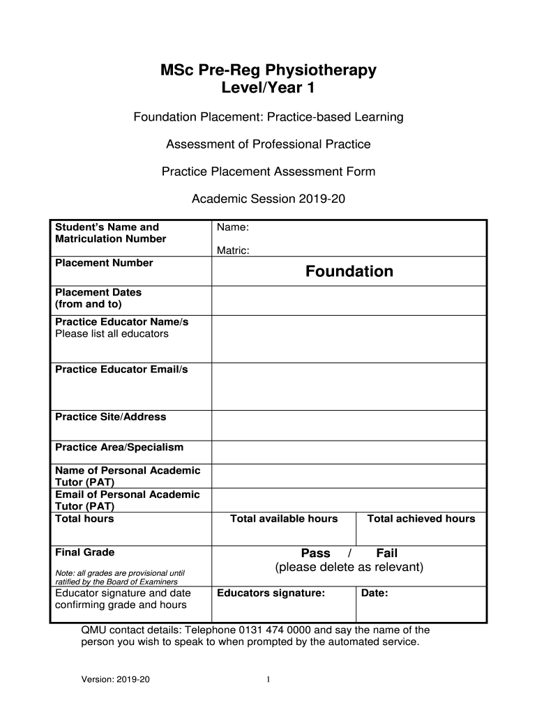 Fillable Online MSc Pre-Reg Physiotherapy Level/Year 1 Fax Email Print ...