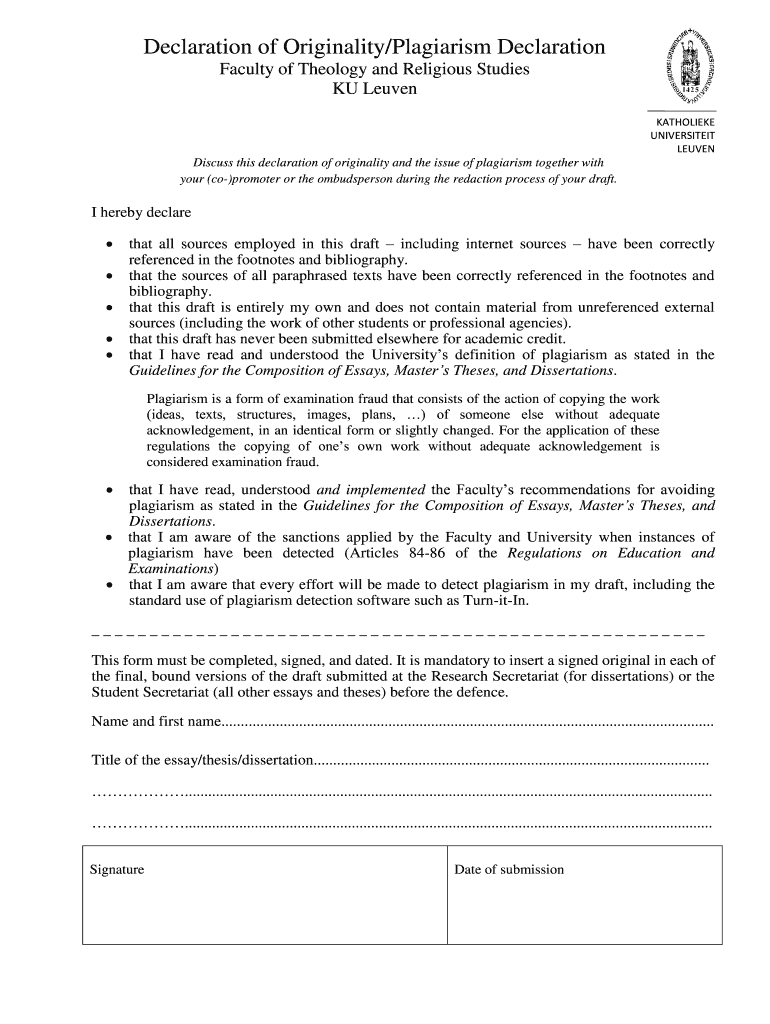 Fillable Online Declaration of Originality/Plagiarism Declaration Fax ...
