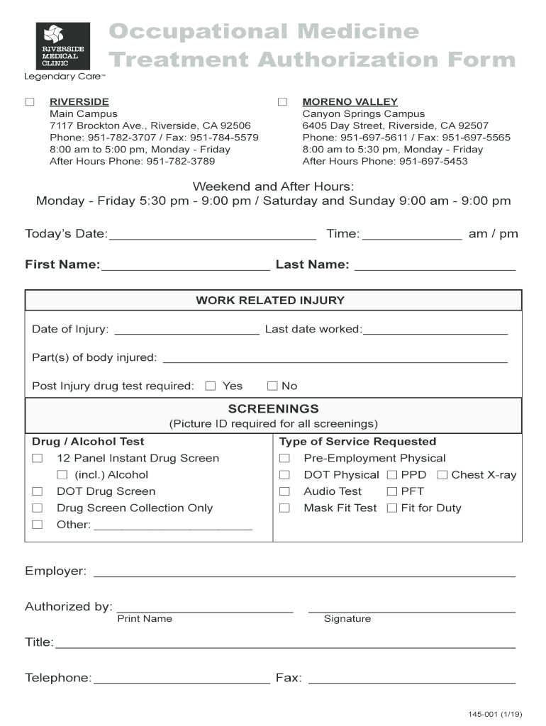 Fillable Online Occupational Medicine Treatment Authorization Form Fax ...