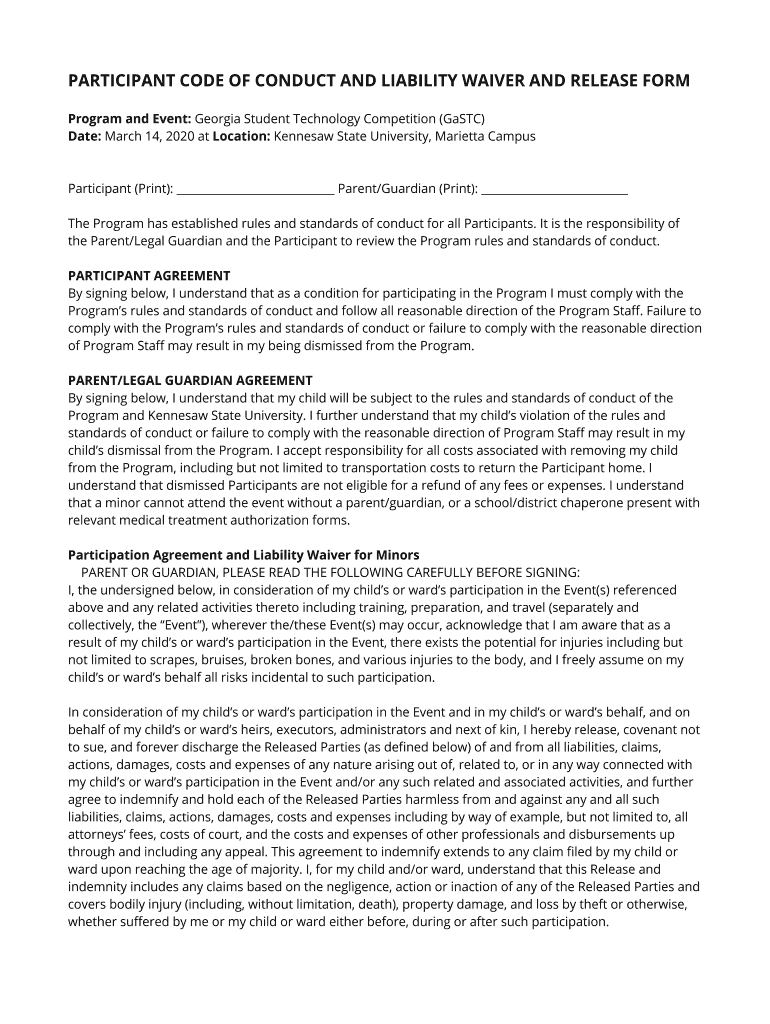 Fillable Online participant code of conduct and liability waiver and ...