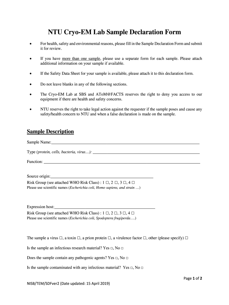 Fillable Online NTU Cryo-EM Lab Sample Declaration Form Fax Email Print - pdfFiller