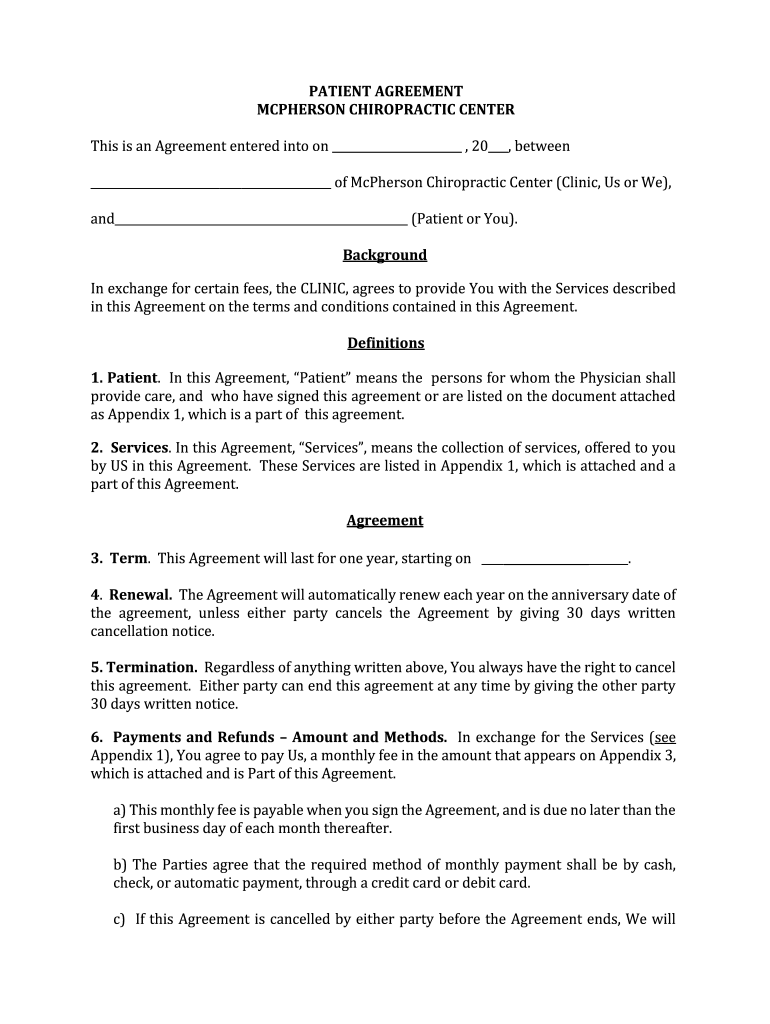 Fillable Online Wellness patient Agreement - New Life Chiropractic ...