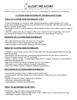 Fillable Online Cluster Immunotherapy Information Form - Rancho ... Fax ...