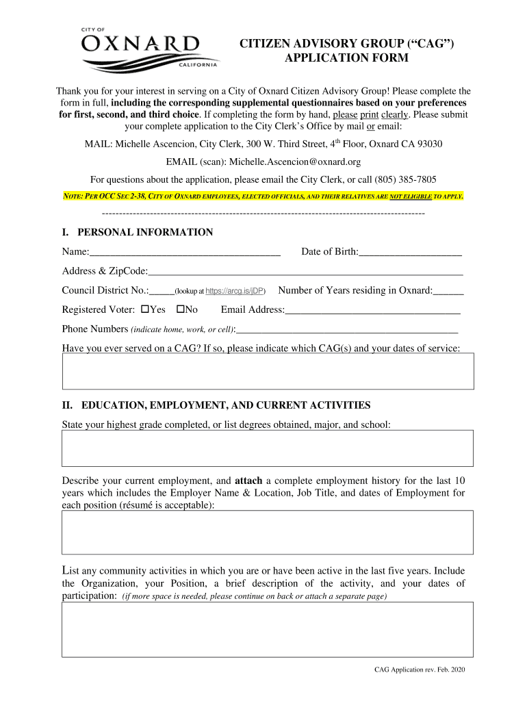 Fillable Online CITIZEN ADVISORY GROUP (CAG) APPLICATION FORM Fax Email ...