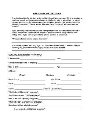 Fillable Online CHILD CASE HISTORY FORM - Saint Xavier University Fax ...