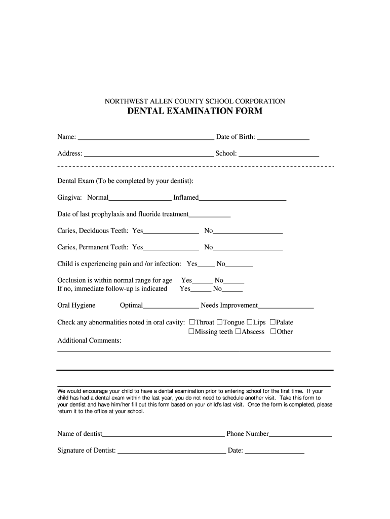 Fillable Online Dental Examination Form - Northwest Allen County ...