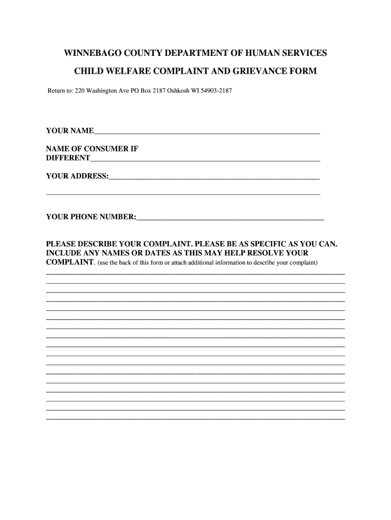 Fillable Online Child Welfare Complaint and Grievance Form - Winnebago ...