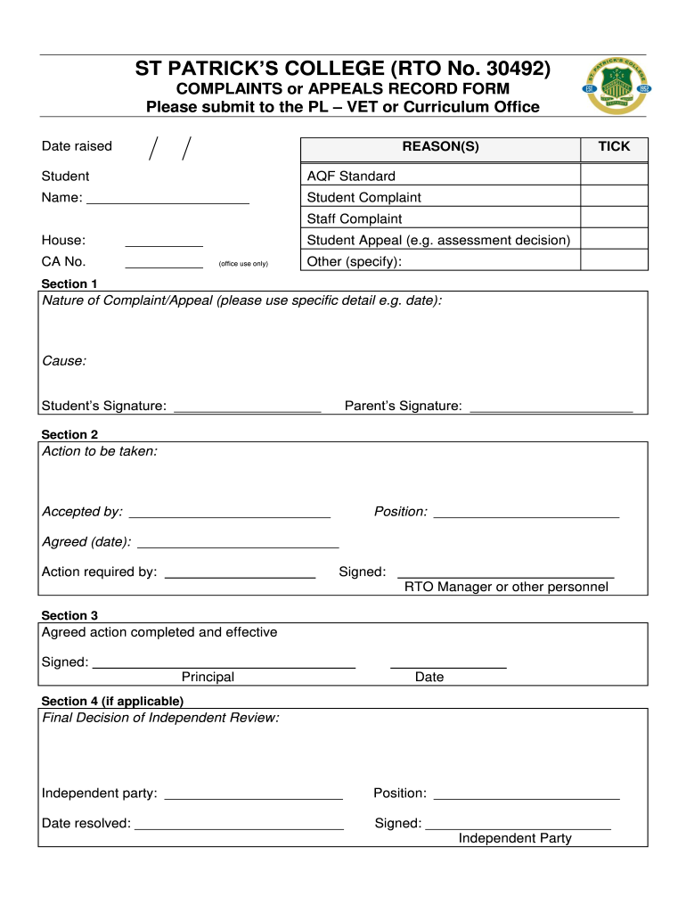 Fillable Online RTO - Complaint/Appeal Form Fax Email Print - pdfFiller