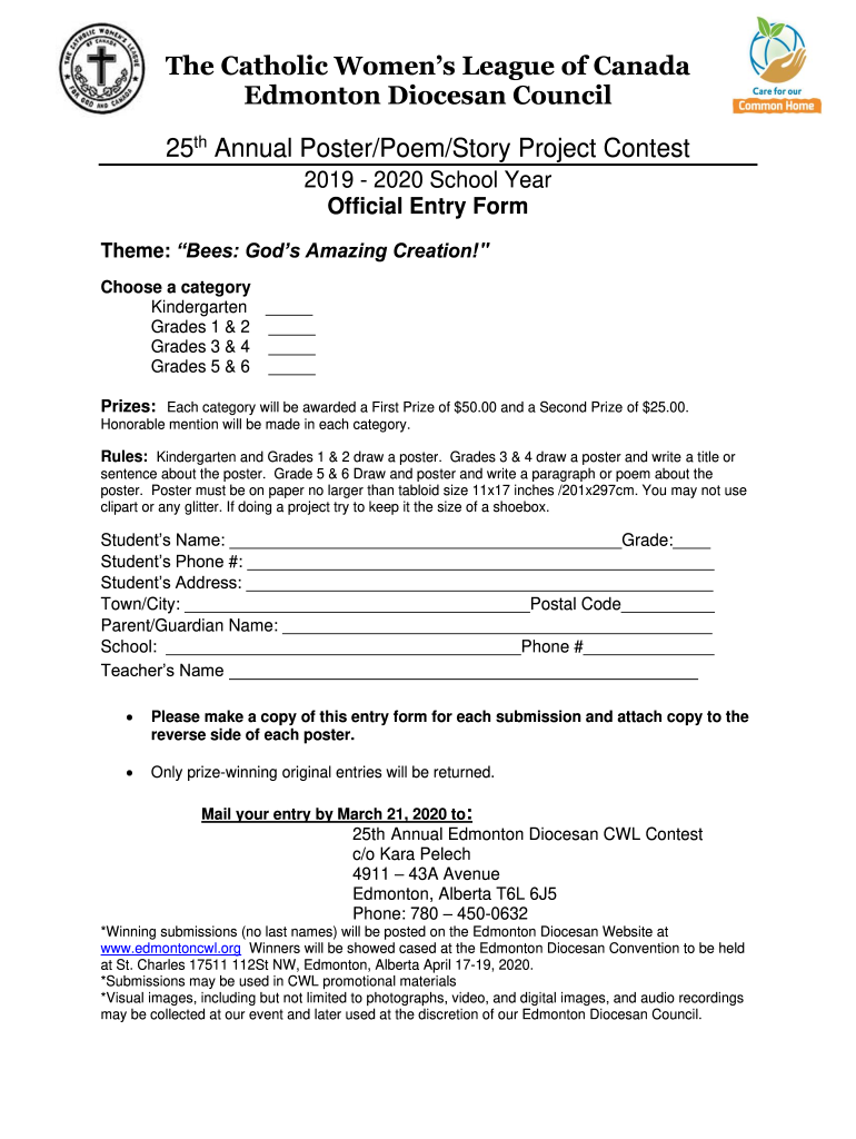 Fillable Online Poster Contest Entry Form - Edmonton Diocesan CWL Fax ...