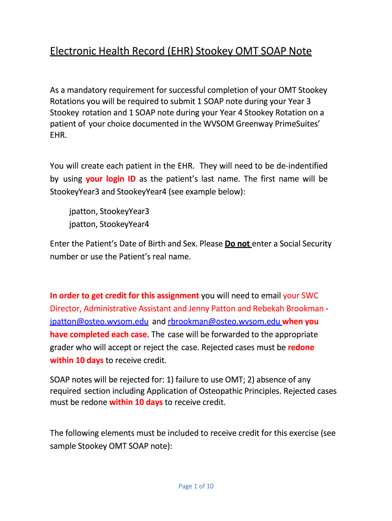 Fillable Online Electronic Health Record (EHR) Stookey OMT SOAP Note ...