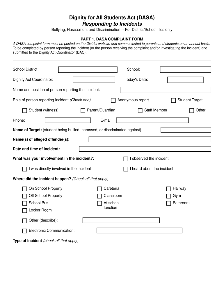 Fillable Online Dignity for All Students Act (DASA): NYS's Anti-Bullying ... Fax Email Print ...