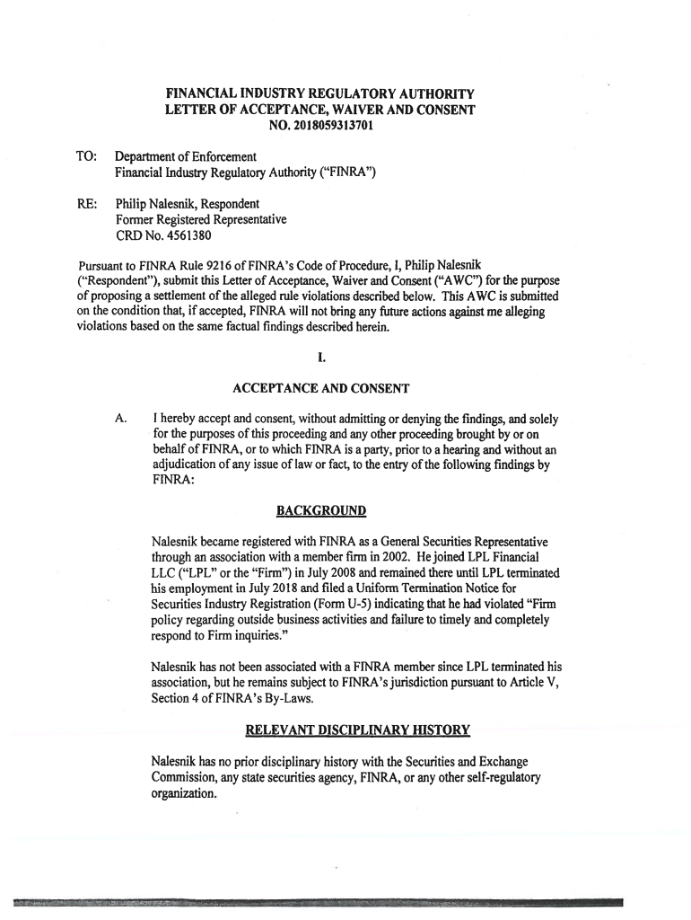 Fillable Online FINANCIAL INDUSTRY REGULATORY AUTHORITY LETTER OF ...