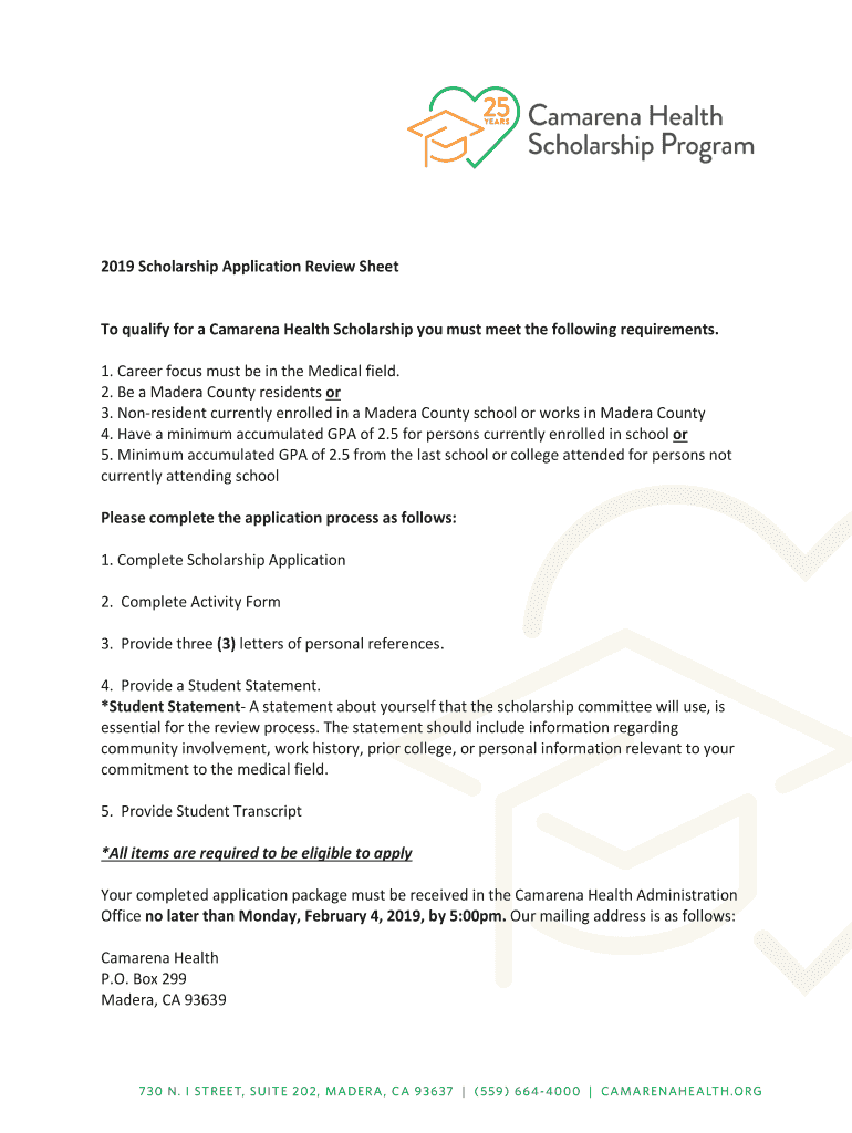 Fillable Online 2019 Scholarship Application Review Sheet Fax Email ...