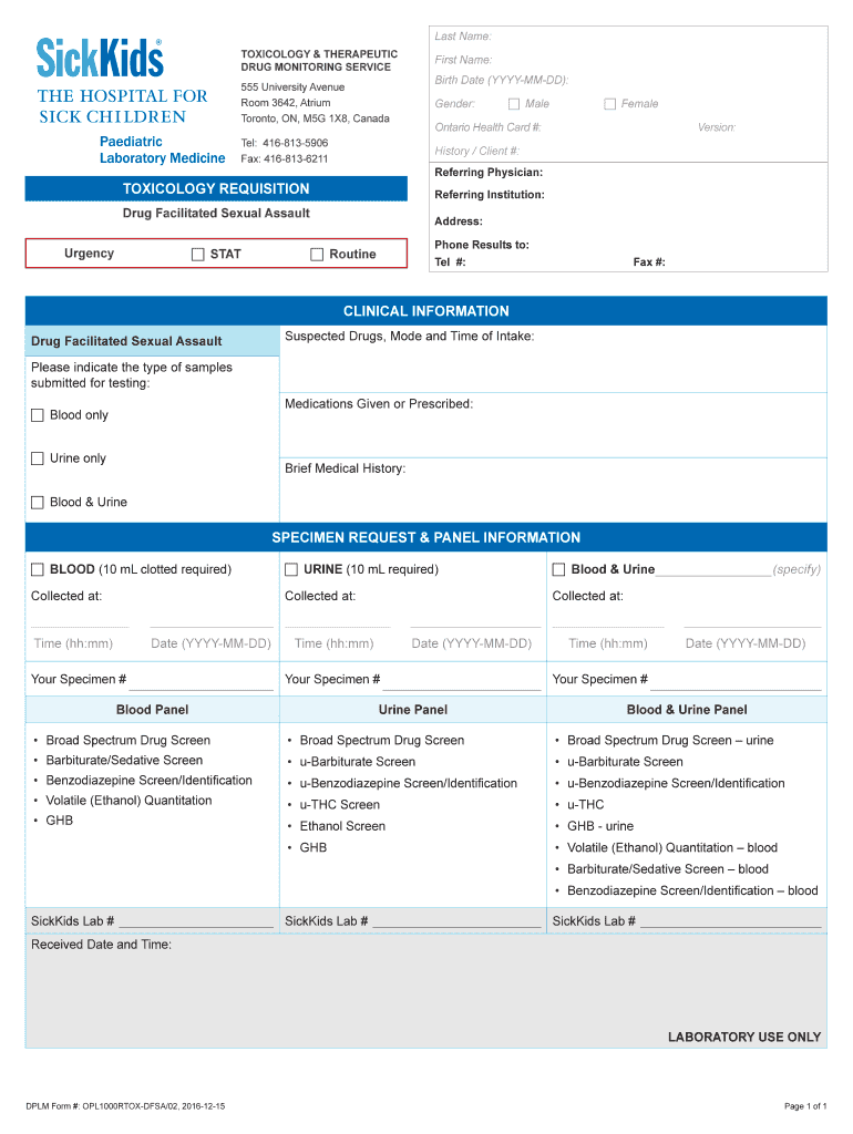 Fillable Online toxicology requisition clinical information specimen ... - SickKids Fax Email ...
