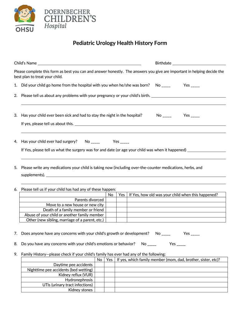 Fillable Online Pediatric Urology Health History Form - OHSU Fax Email ...