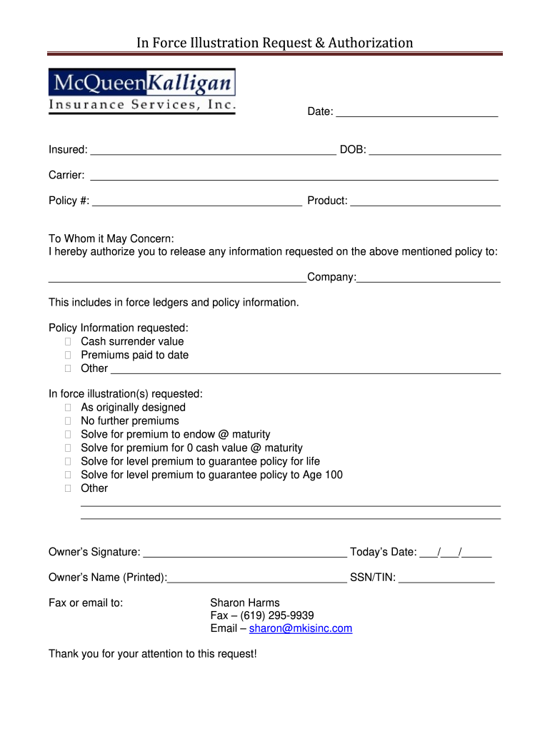 Fillable Online InForceIllustrationRequest&Authorization Fax Email ...