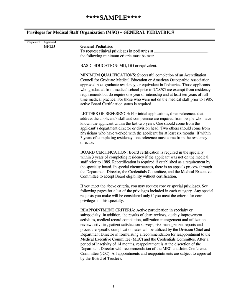 Fillable Online delineation of general pediatrics privileges applicant ...