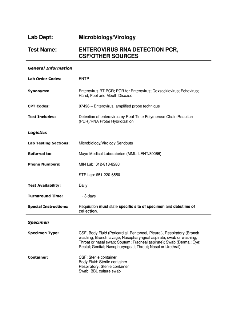 Fillable Online Lab Dept: Microbiology/Virology Test Name: ENTEROVIRUS ...