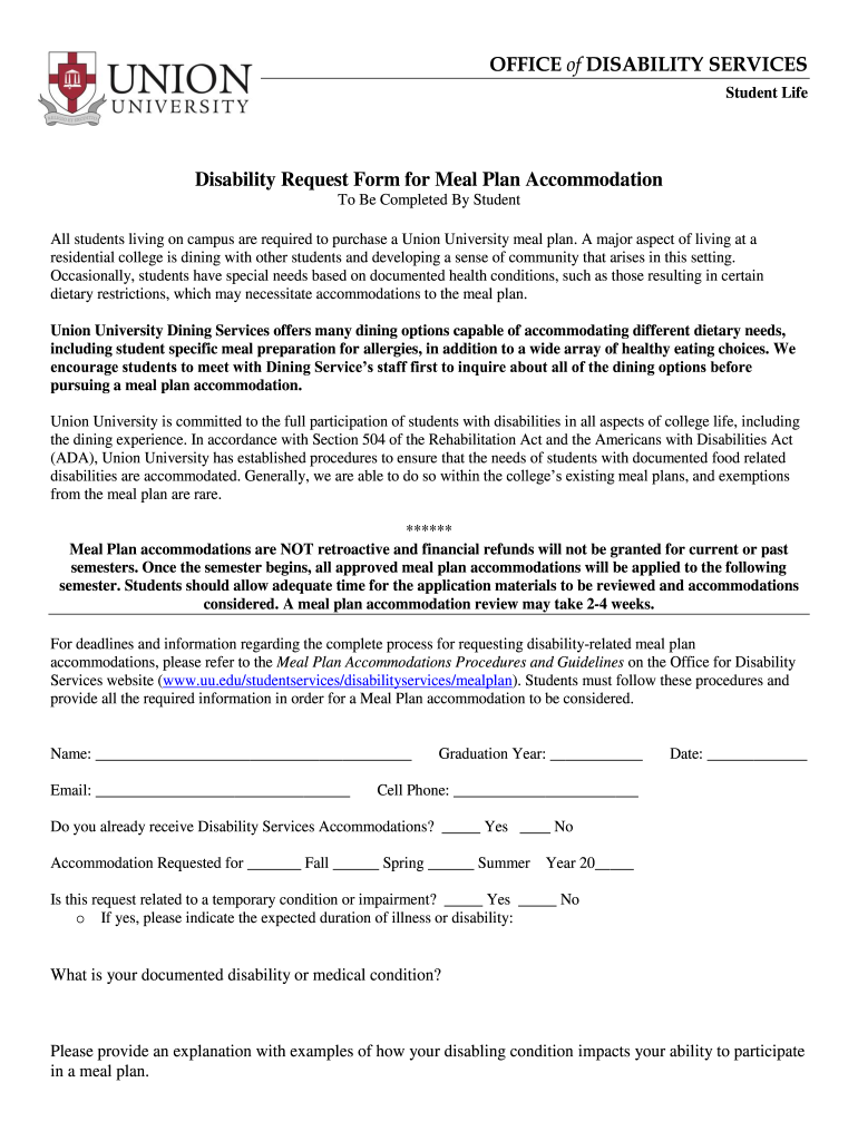 Fillable Online Disability Request Form for Meal Plan Accommodation Fax ...