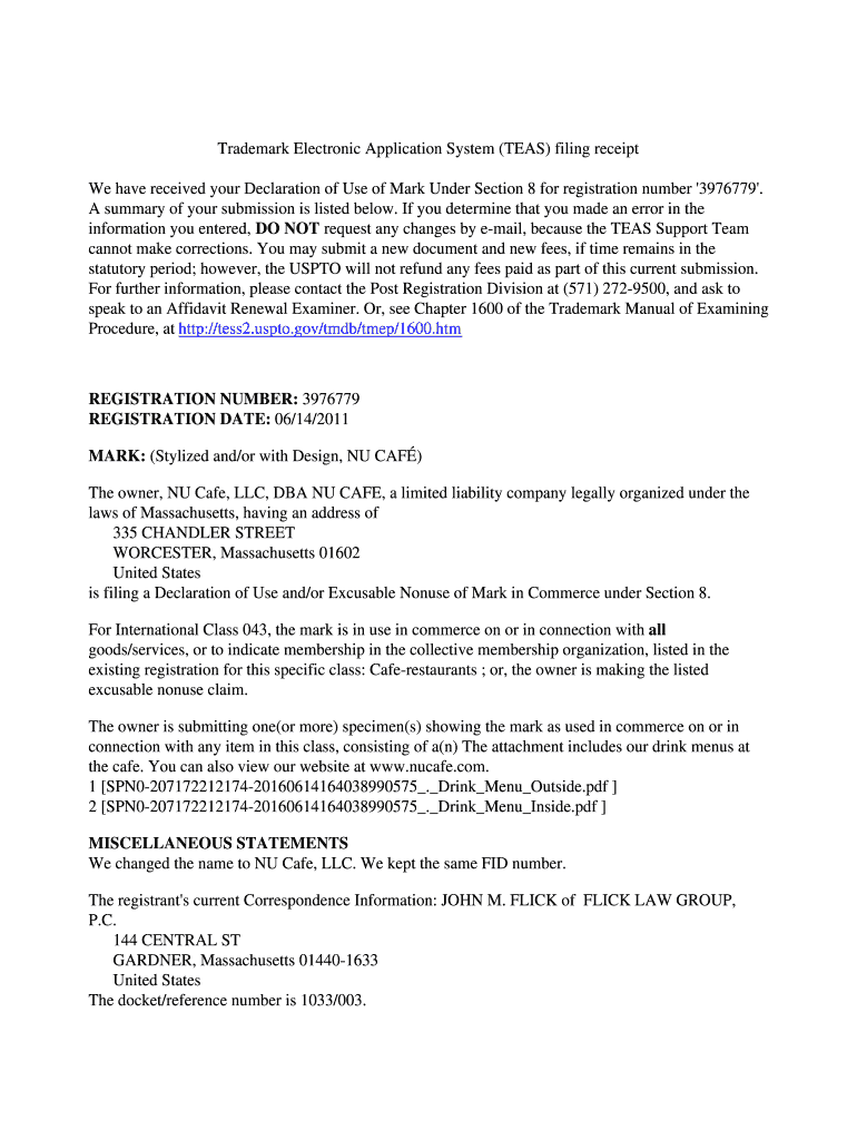 Fillable Online We have received your Declaration of Use of Mark Under ...