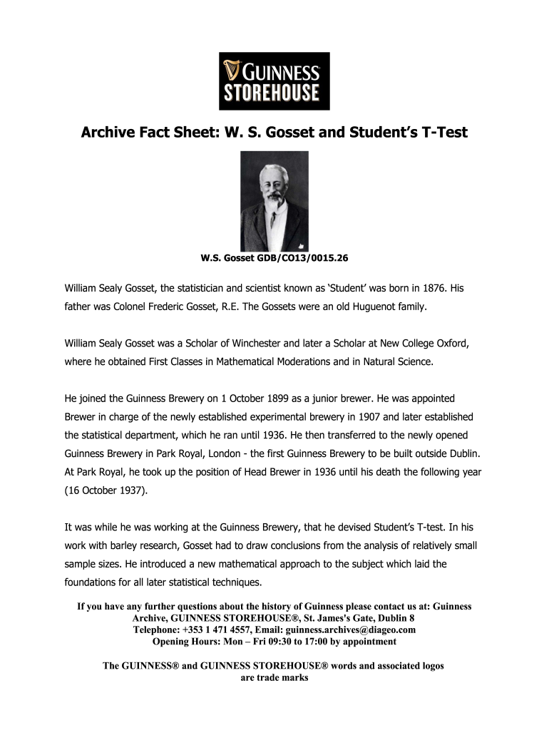 Fillable Online Archive Fact Sheet: W. S. Gosset and Student's T-Test ...